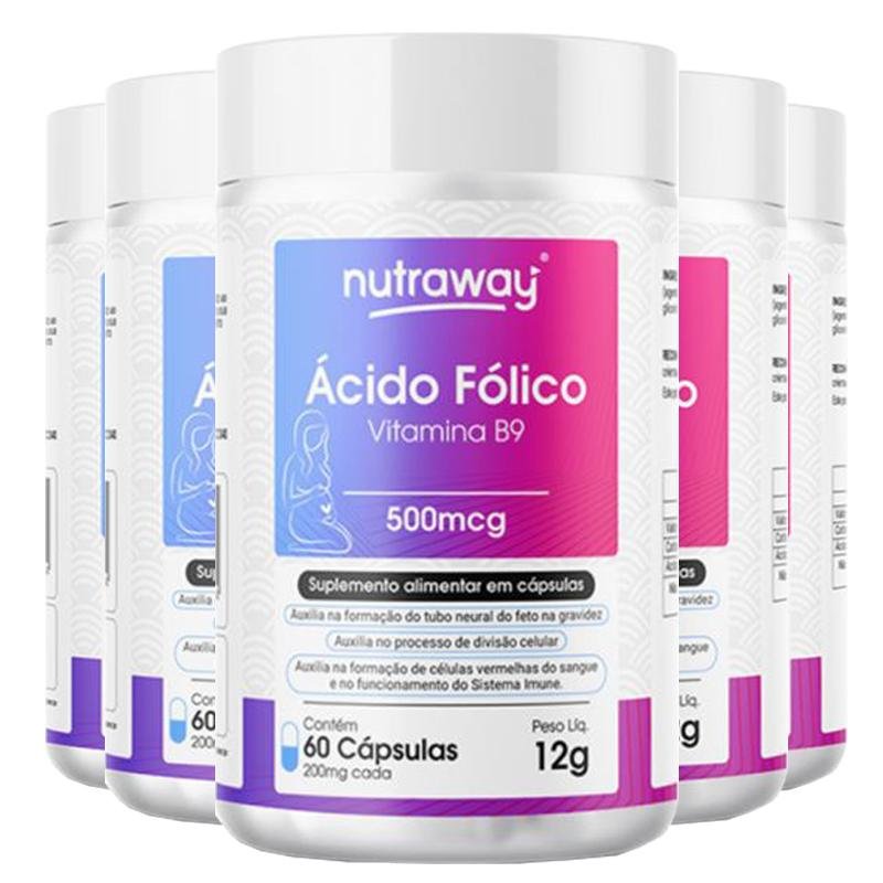 Kit 5 Vitamina B9 Ácido Fólico Nutraway 60 cápsulas | Pão de Açúcar