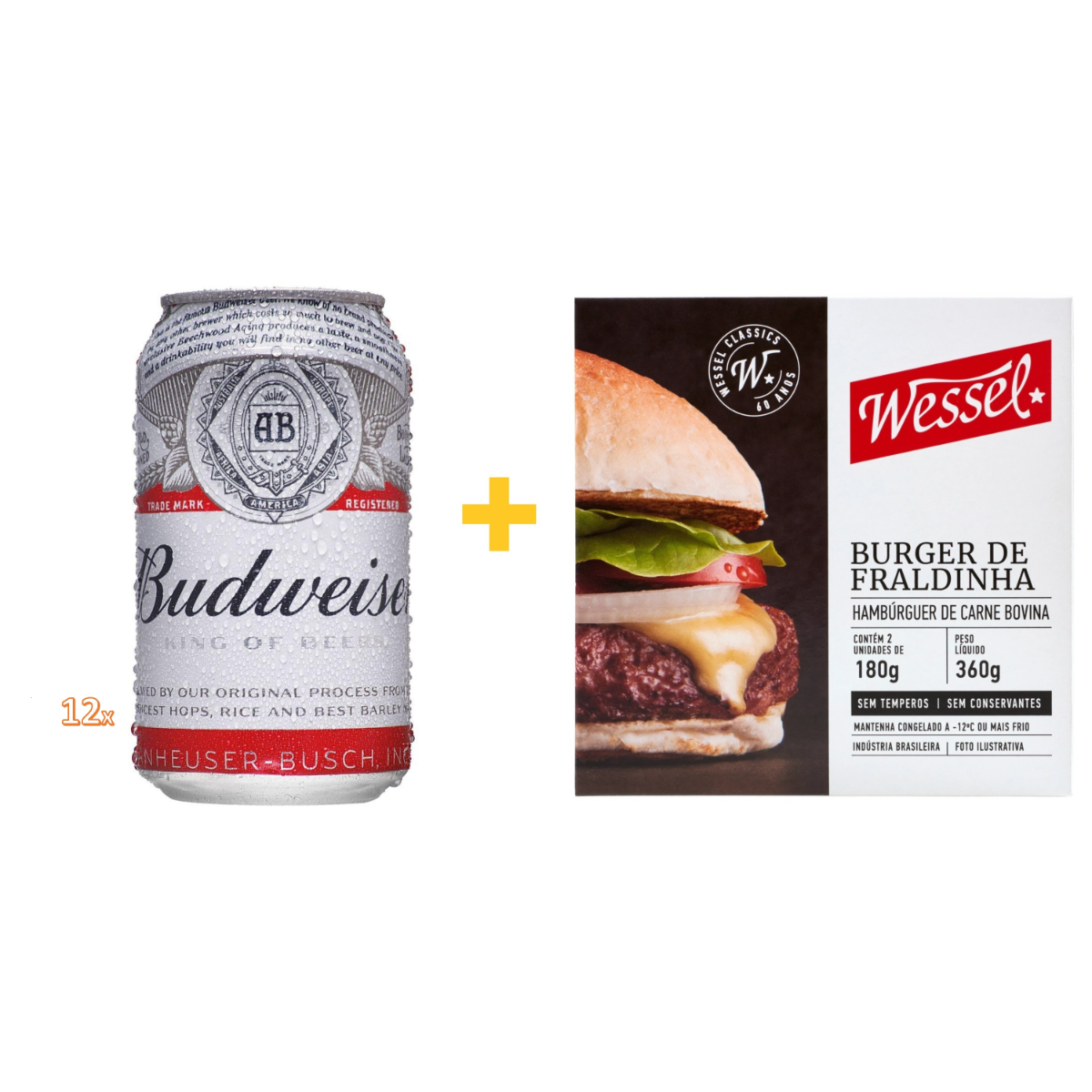kit 12 BUDWEISER LATA 350ML + 1 Hambúrguer de Carne Bovina Fraldinha Wessel Caixa 360g | Pão de ...