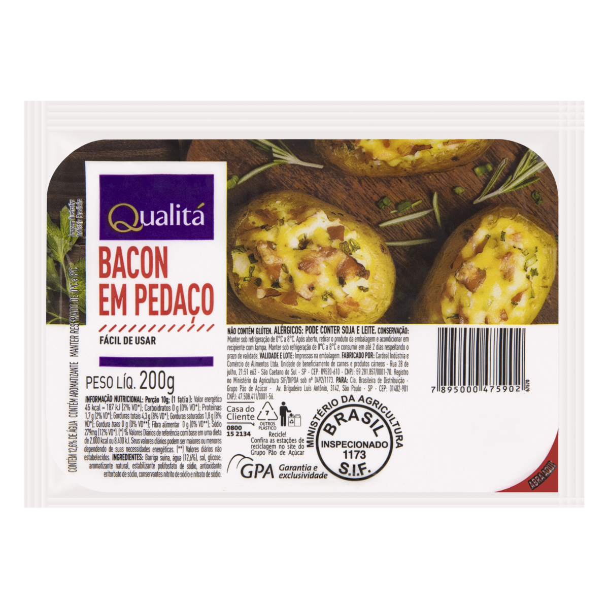 Bacon Em Pedaço QUALITÁ Pacote 200g | Pão de Açúcar