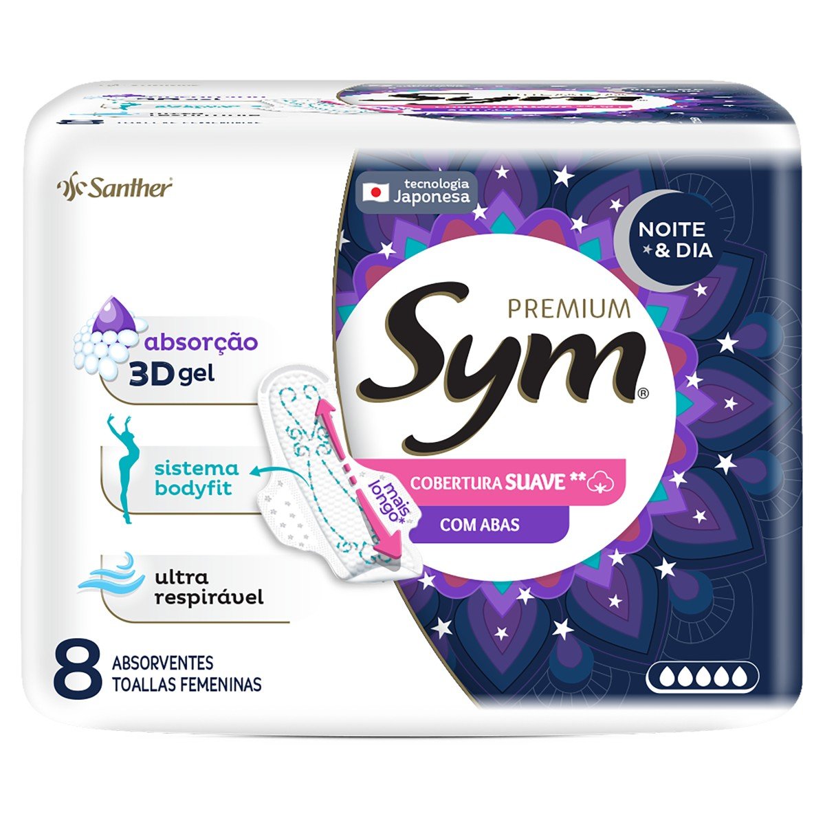 Absorvente com Abas Noite e Dia Ultra Respirável Suave Sym Premium ...