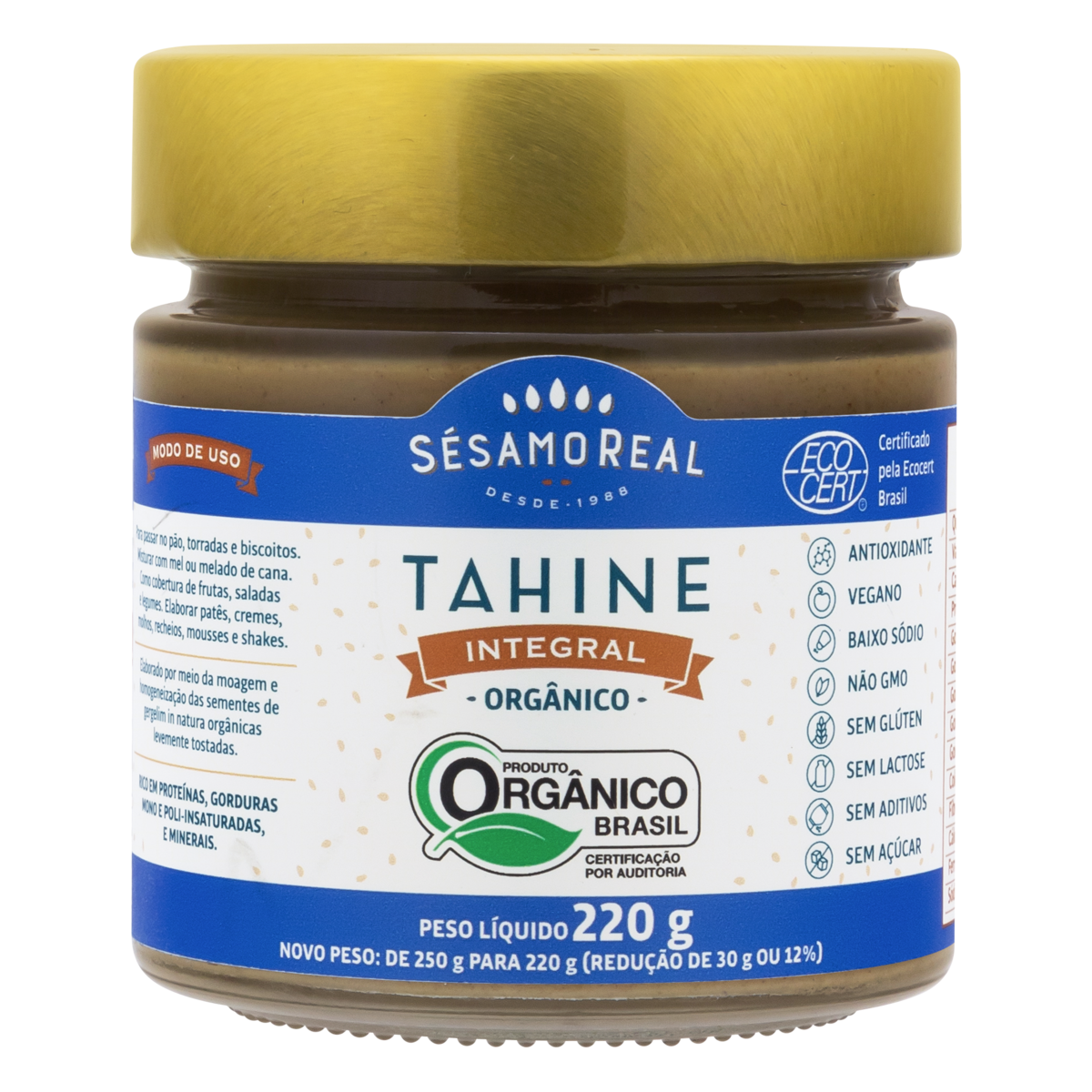 Tahine Integral Orgânico Sésamo Real Vidro 220g | Pão de Açúcar