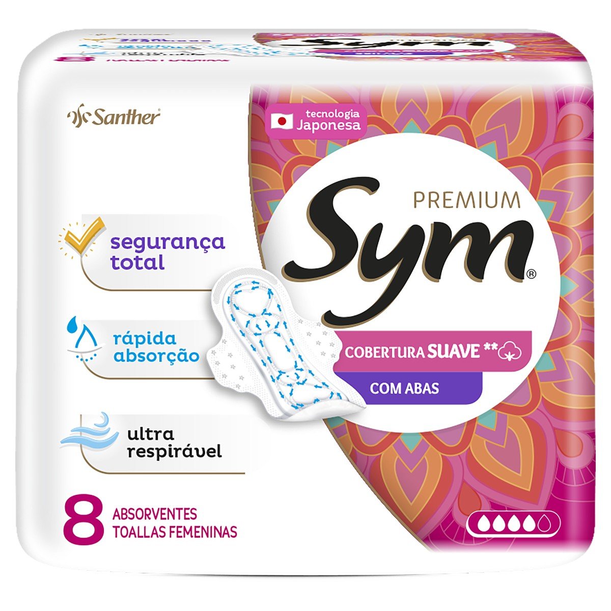 Absorvente com Abas Ultra Respirável Suave Sym Premium Pacote 8 ...