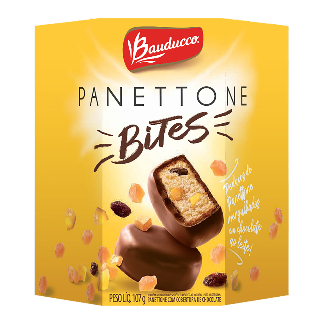 Pedaços de Panettone Cobertura Chocolate ao Leite Bauducco Bites Caixa ...