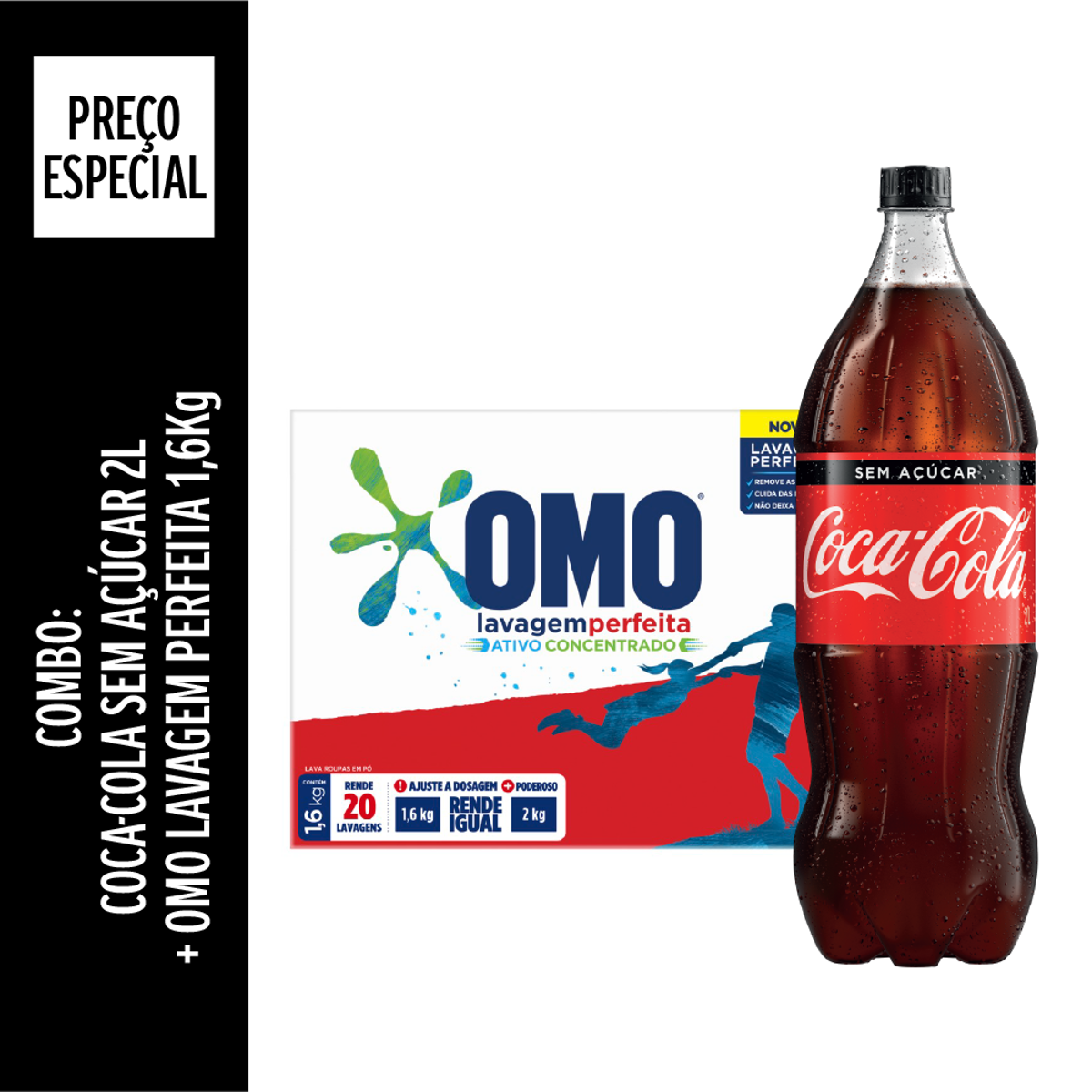 Kit com Coca-Cola Sabor Sem Açúcar PET 2L + Sabão em Pó OMO Lavagem ...