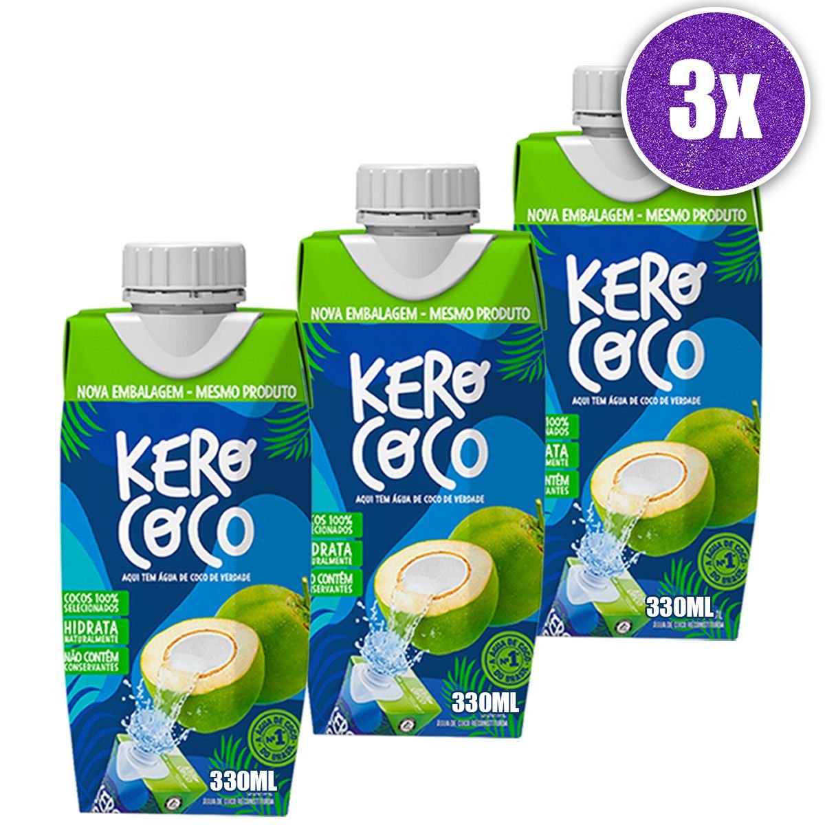 Pack com 3 Unidades de Água de Coco Esterilizada Kero Coco Caixa 330ml ...