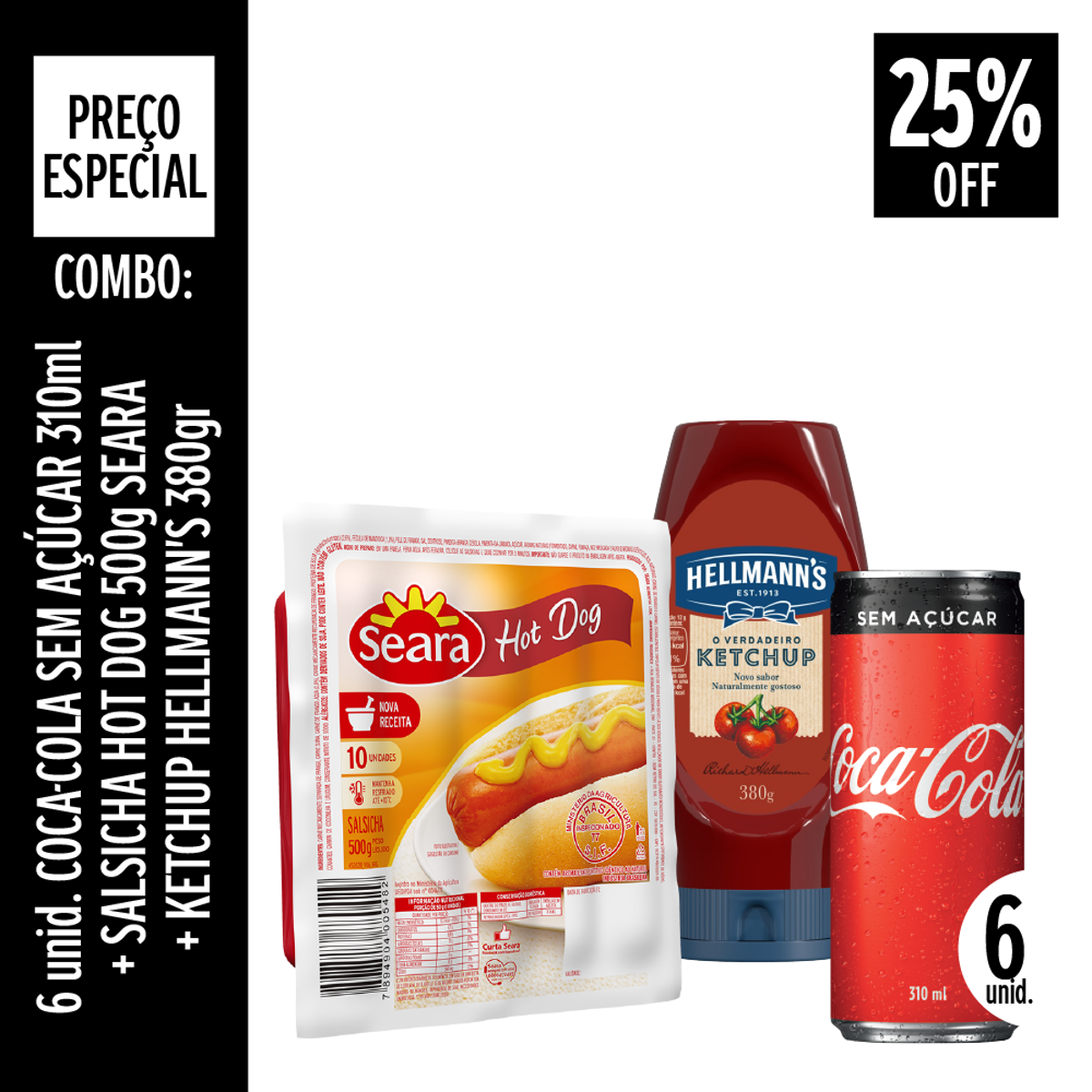 Combo com 6 Unidades de Coca-Cola Sem Açúcar LATA 310ML + Ketchup ...