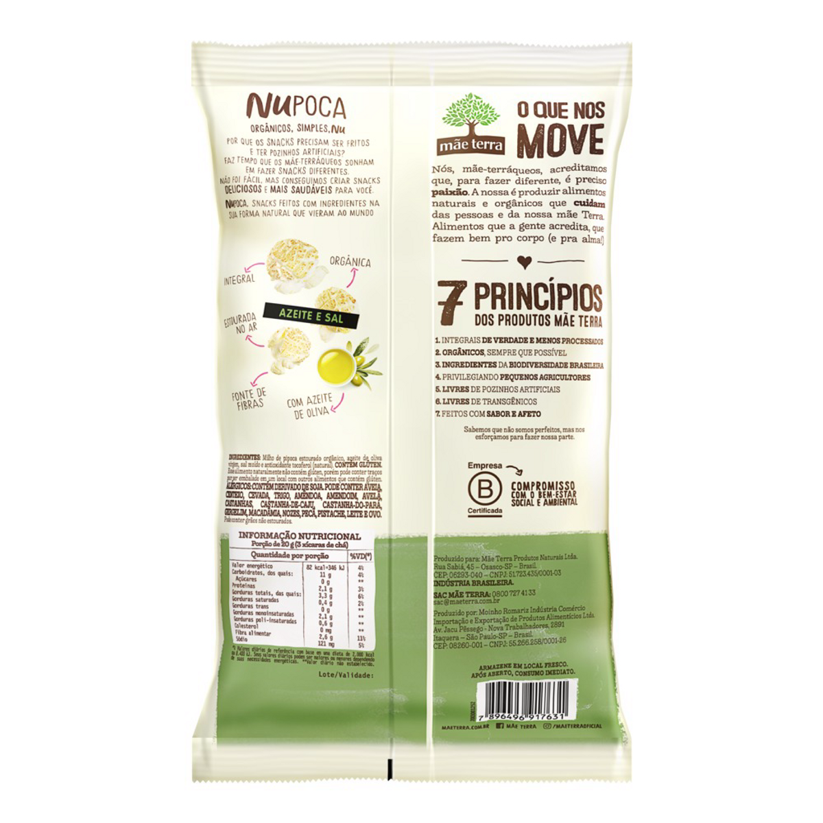 Pipoca Pronta Orgânica Azeite e Sal Mãe Terra Nupoca Pacote 20g | Pão ...