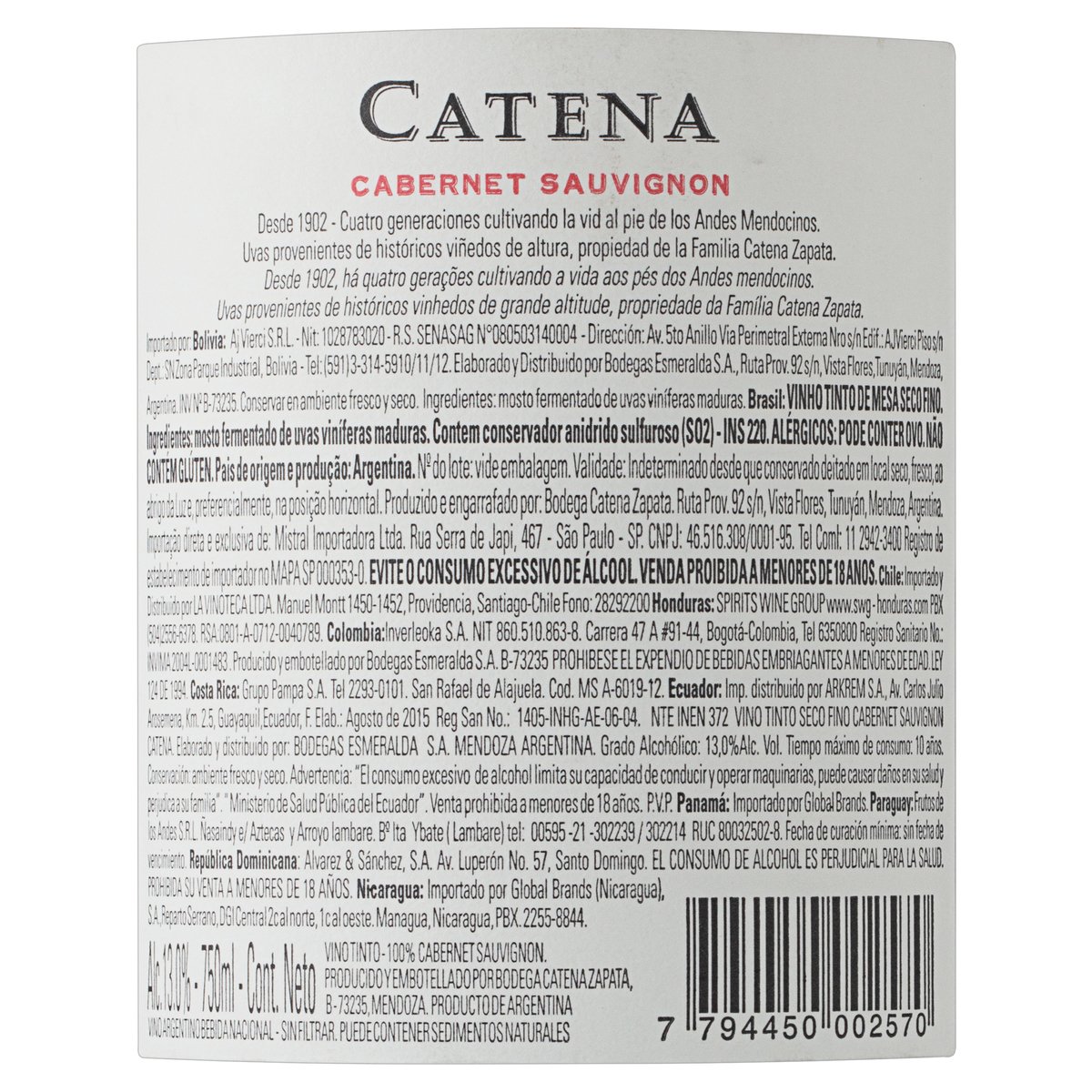 Vinho Argentino Tinto Seco Catena Zapata Cabernet Sauvignon Mendoza ...