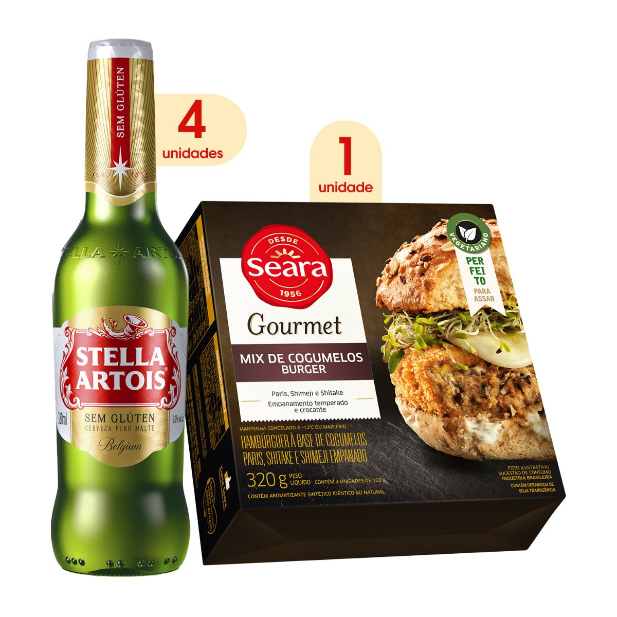 Kit 4 Cerveja Stella Artois SEM GLUTEN 330 ML Long Neck + Mix De Cogumelos Burger SEARA Gourmet ...
