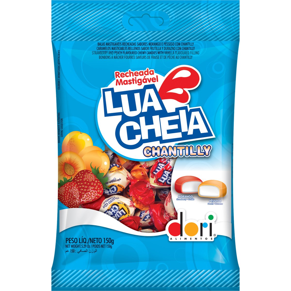 Bala com Recheio de Morango e Pêssego Lua Cheia Chantilly Pacote 150g ...