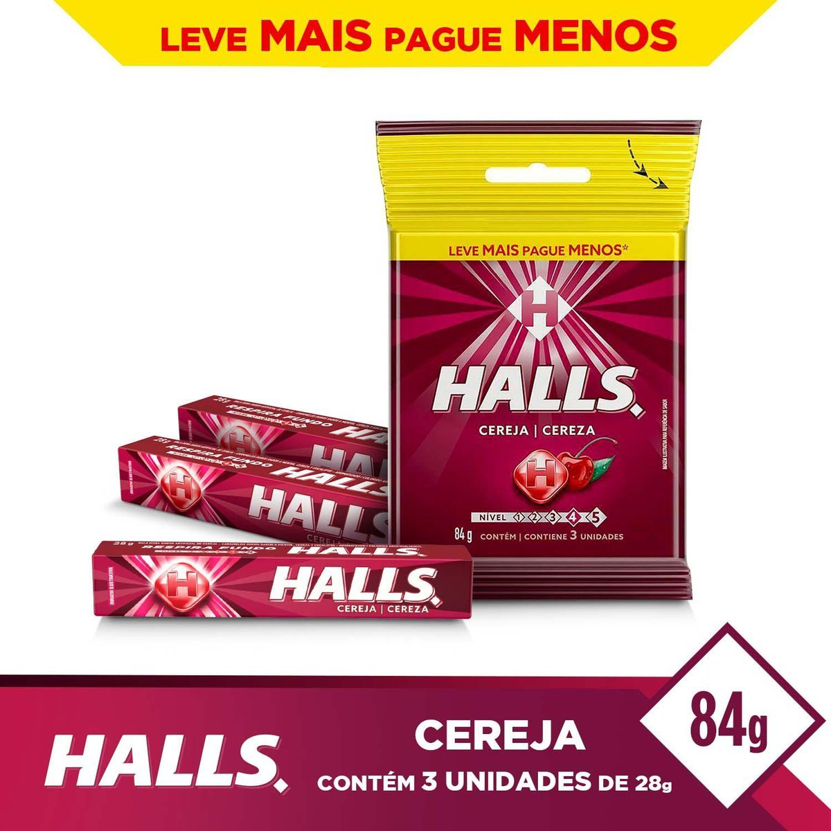 Bala Halls cereja 84g pacote com 3 unidades | Pão de Açúcar